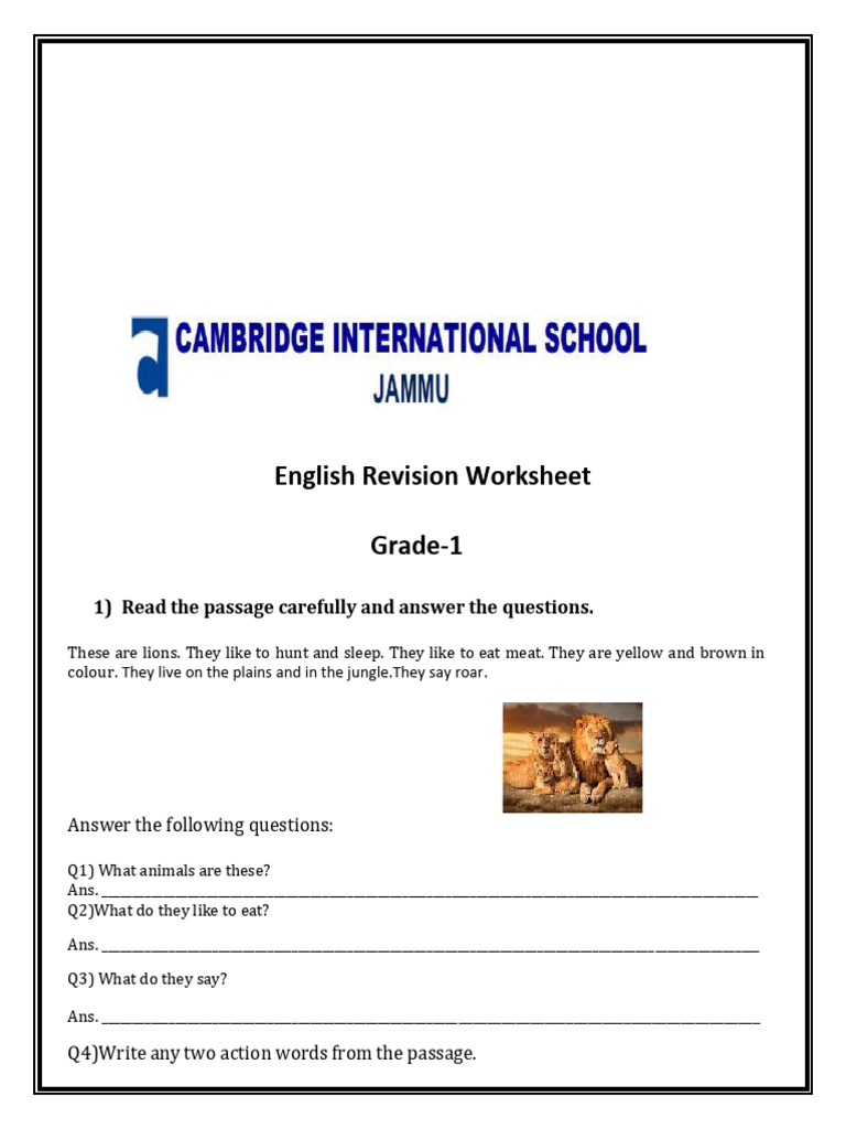 Grade 1 English Revision Worksheet. | PDF | Grammar | Syntax