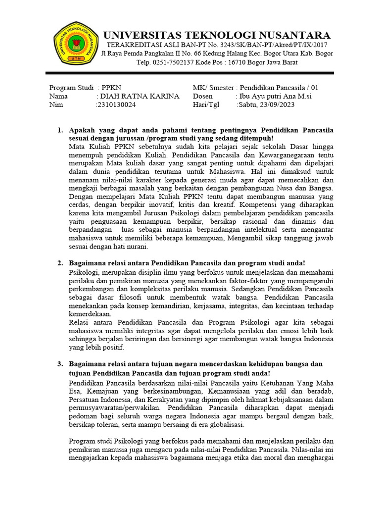 Uts Pancasila 1 Utn Bogor | PDF