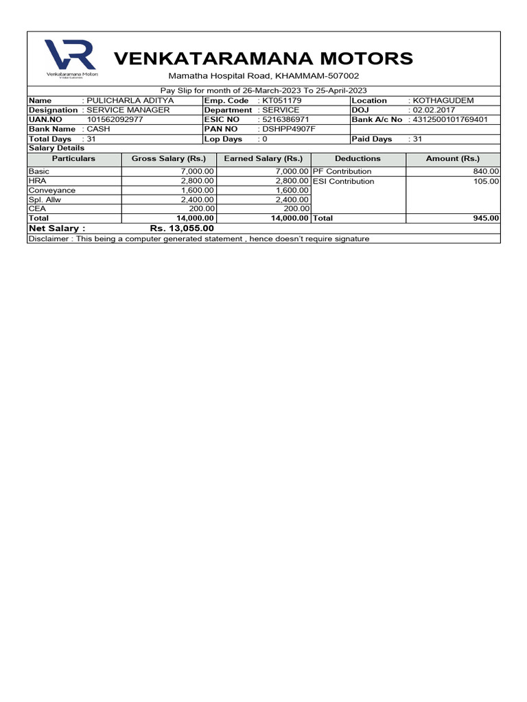 PULICHARLA ADITYA - PaySheet | PDF