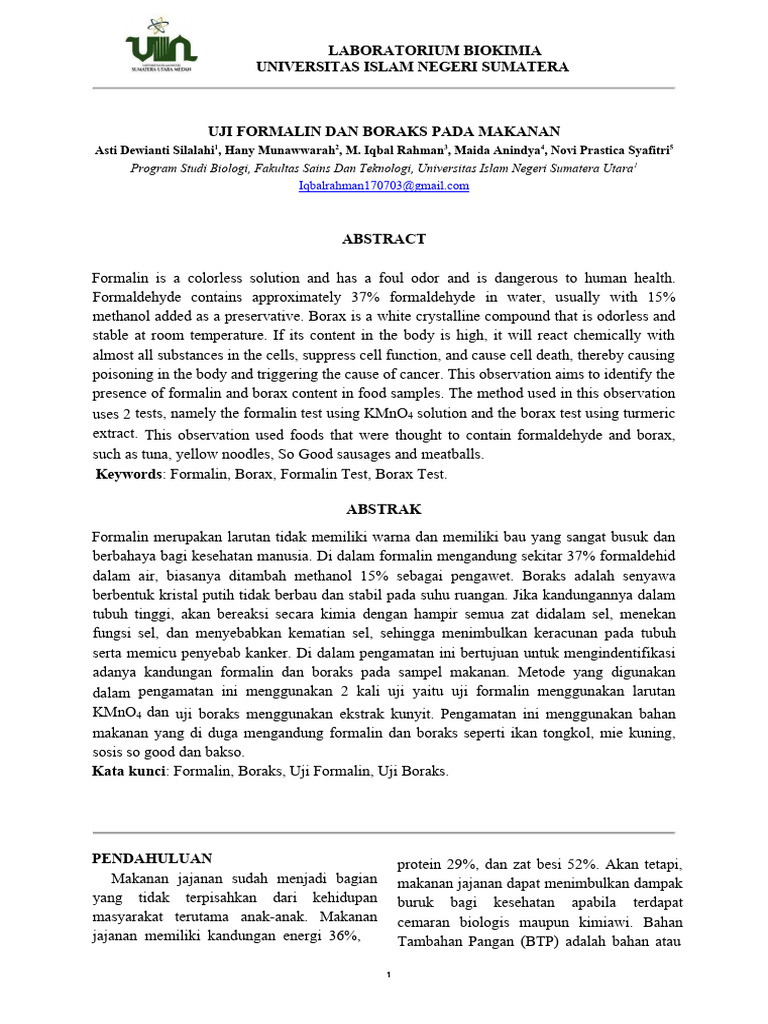 Jurnal Uji Formalin Dan Boraks Pada Bahan Makanan 2 | PDF