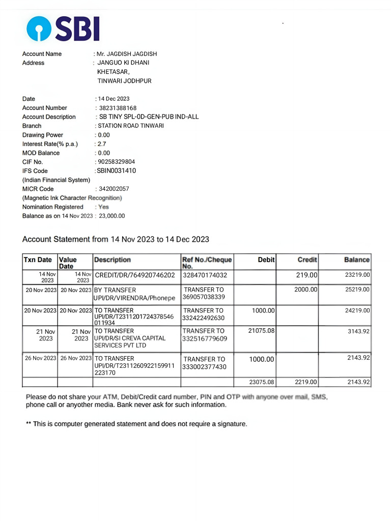 SBI Bank Statement 14 Dec 2023 | PDF