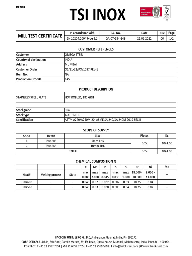 Page 3 Tsi MTC Plate (MTC - 249) | PDF | Steel | Materials Science