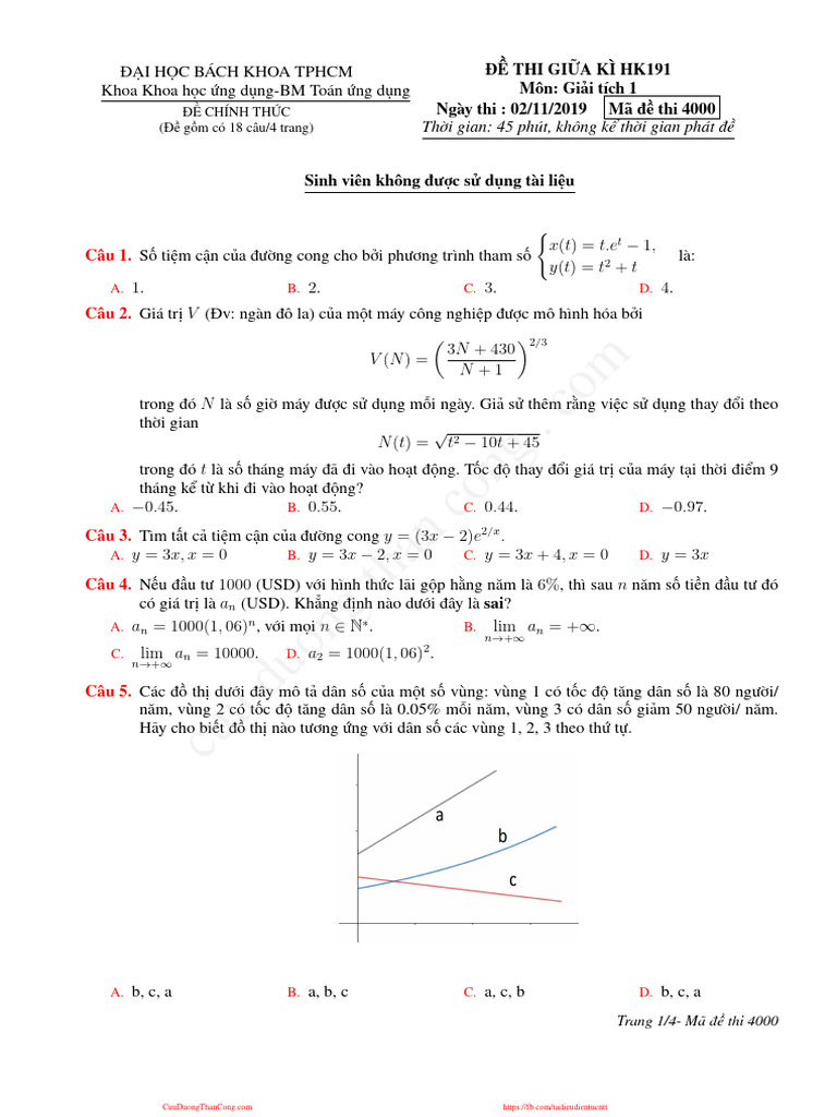 Giai Tich 1 de Thi Giai Tich 1 Giua Hoc Ky 191 DT (Cuuduongthancong - Com) | PDF