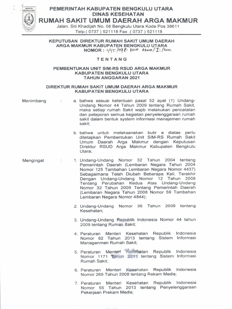 SK PEMBENTUKAN TIM PENGTEMBANGAN SIMRS | PDF