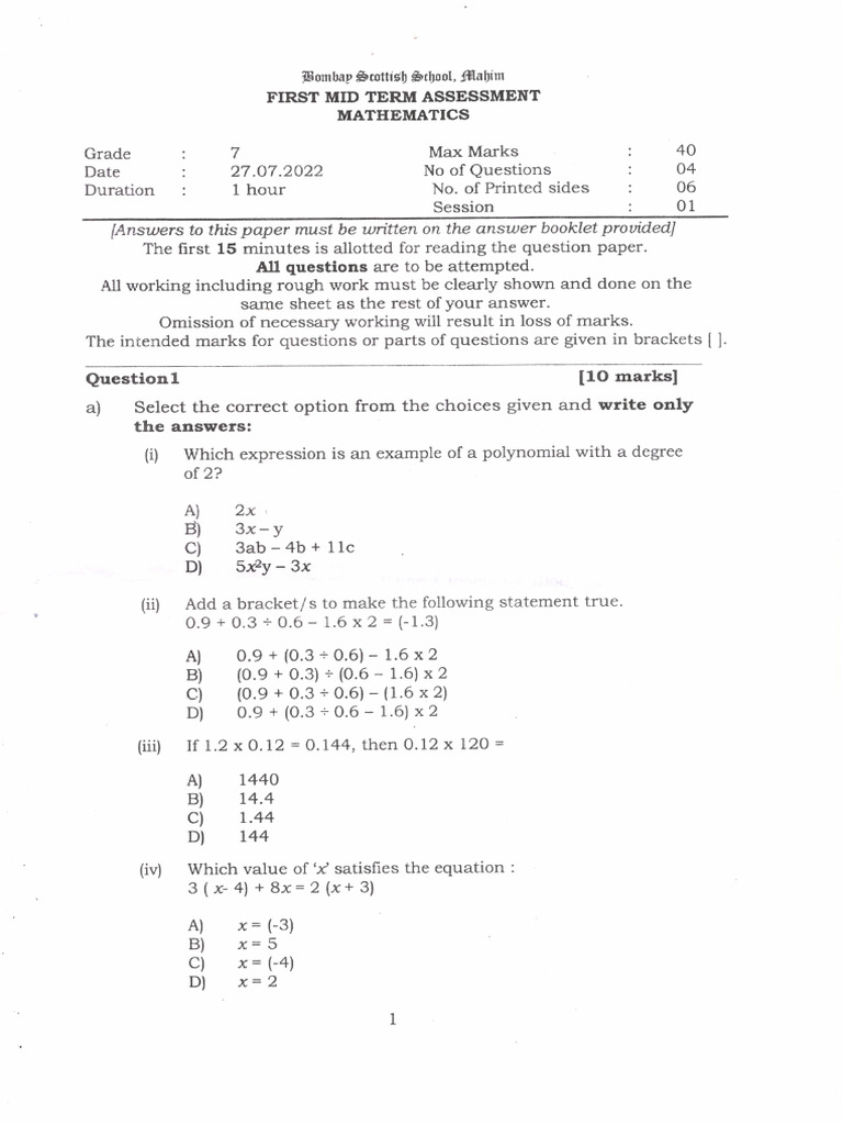 Bombay Scottish - STD 7 (2022-23) - Unit 1 (Q) | PDF