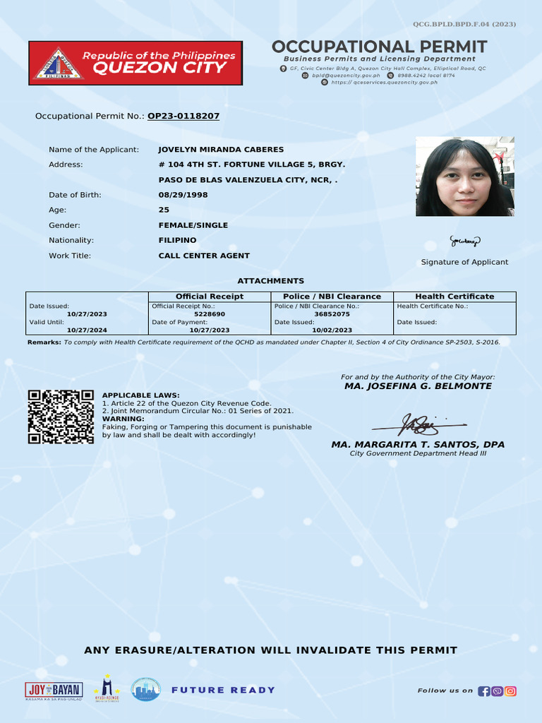 Occupational Permit for Jovelina Caberes | PDF | Justice | Crime & Violence