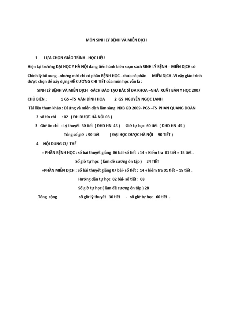 MÔN SINH LÝ BỆNH VÀ MIỄN DỊCH | PDF