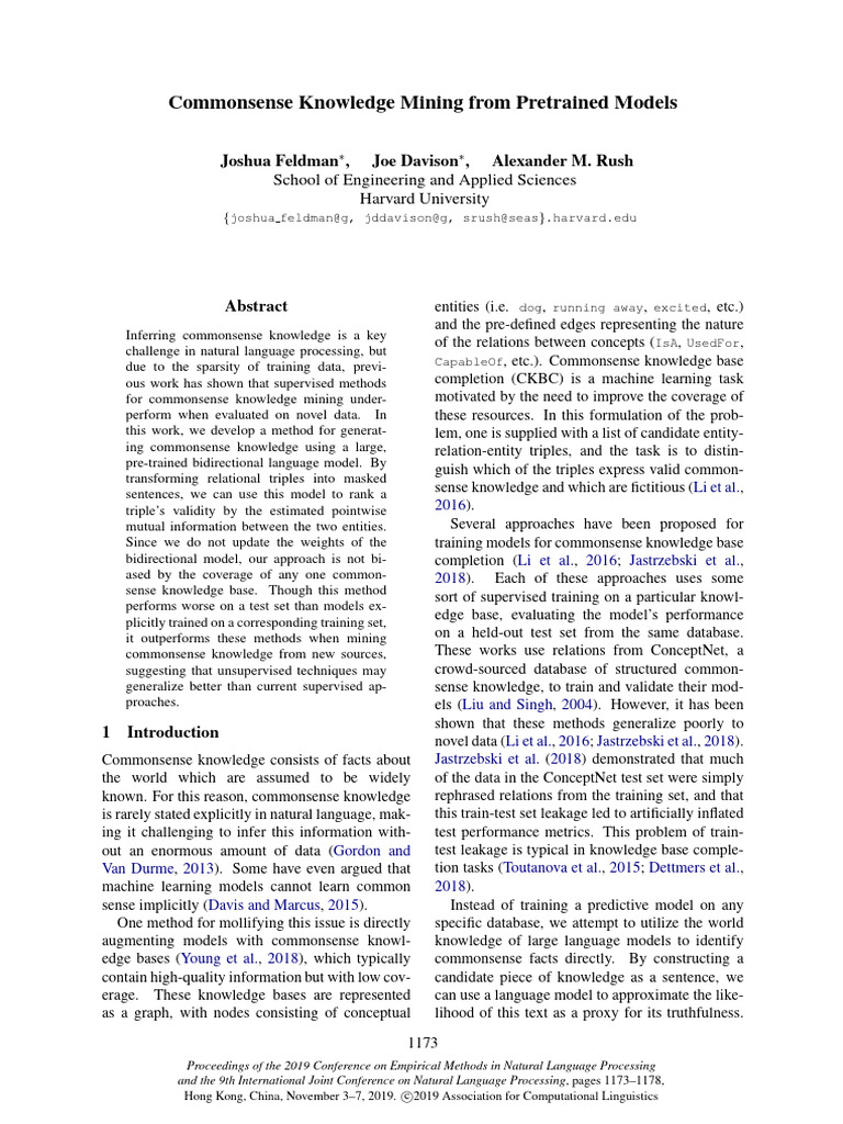 Commonsense Knowledge Mining From Pretrained Models | PDF | Deep ...