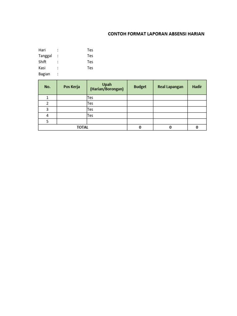 Contoh Format Laporan Harian Absensi Salinan | PDF