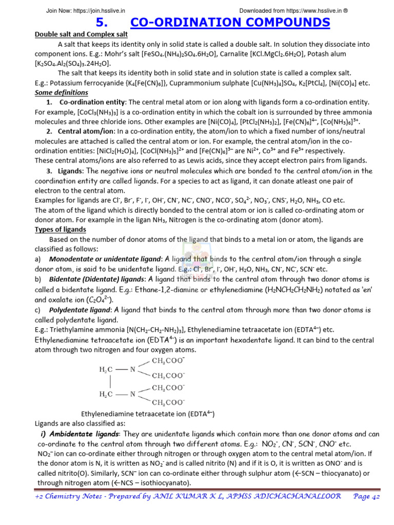 Hsslive Xii CH 5 Cordination Compounds Anil | PDF | Coordination Complex | Ligand
