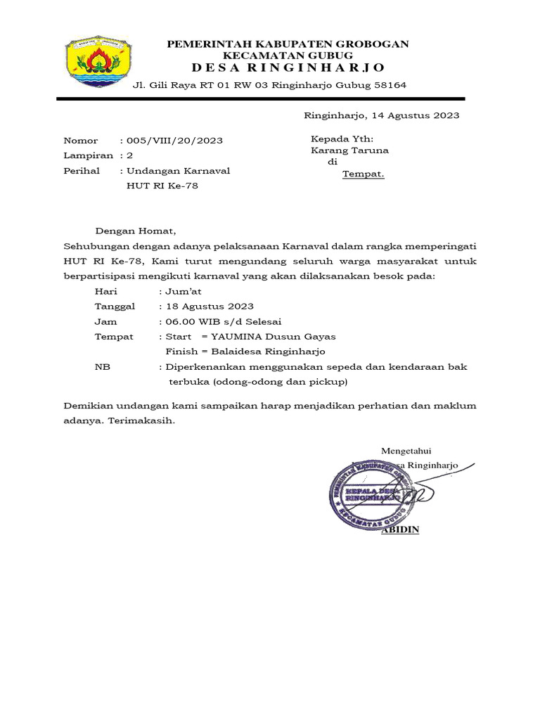Undangan Karnaval HUT RI Ke-78 Ringinharjo | PDF