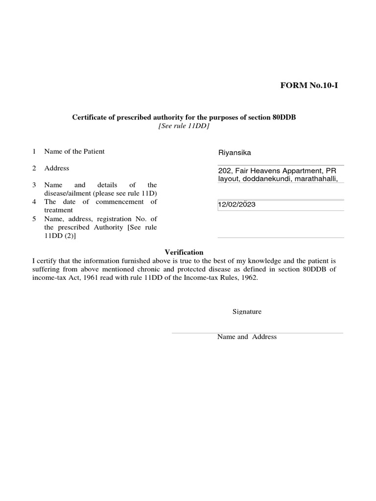 Form 10I Prescribed Form Section 80DDB | PDF