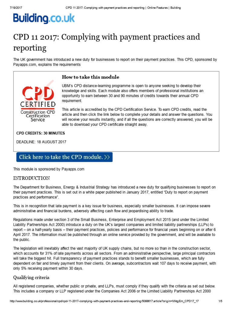 CPD 11 2017 - Complying With Payment Practices and Reporting | PDF | Limited Liability ...