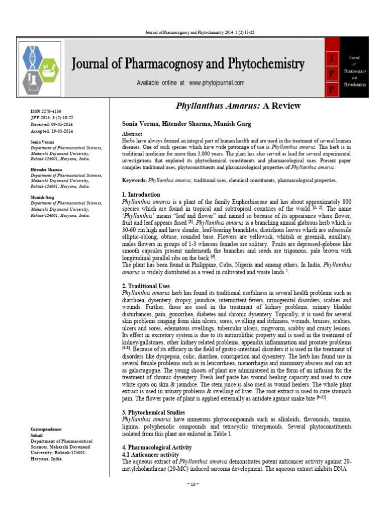 Phyllanthus Amarus: A Review: Sonia Verma, Hitender Sharma, Munish Garg | PDF | Wellness ...