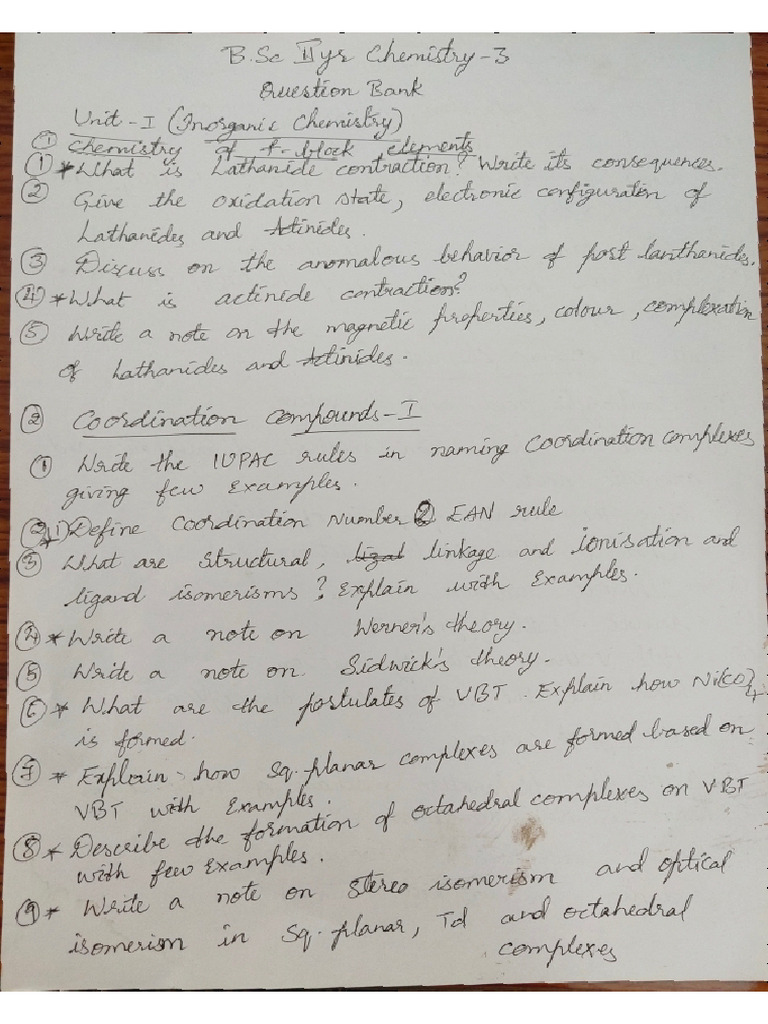 BSC 2yr Sem 3 Chemistry Question Bank | PDF