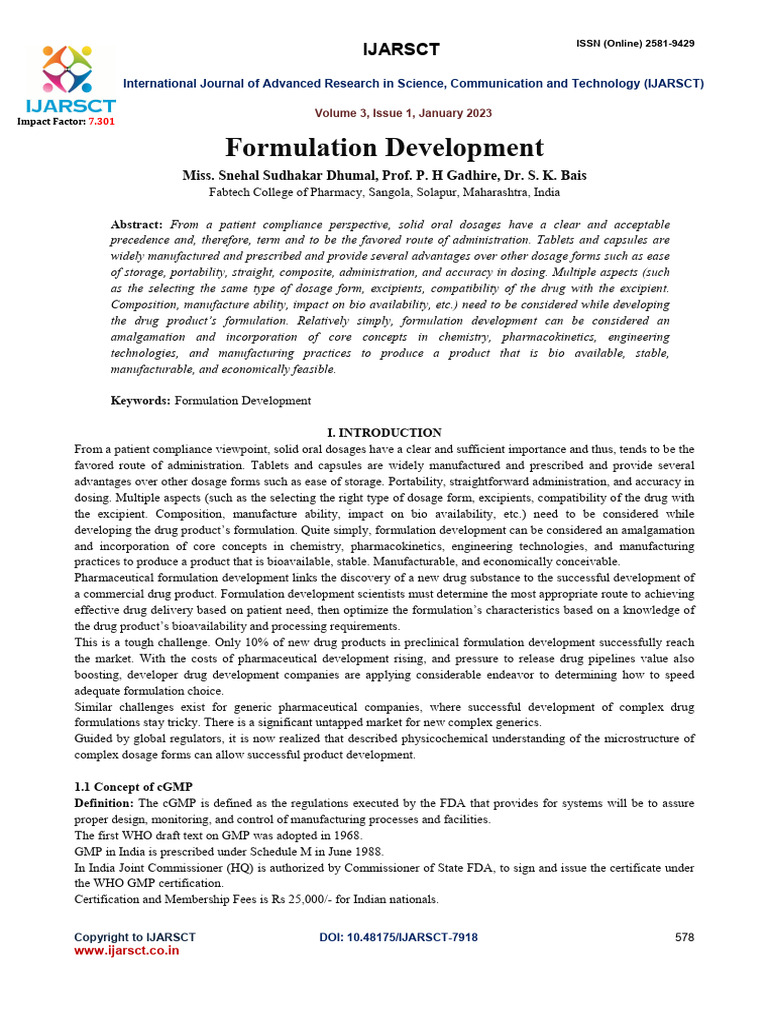 Formulation Development | PDF | Food And Drug Administration | Tablet (Pharmacy)