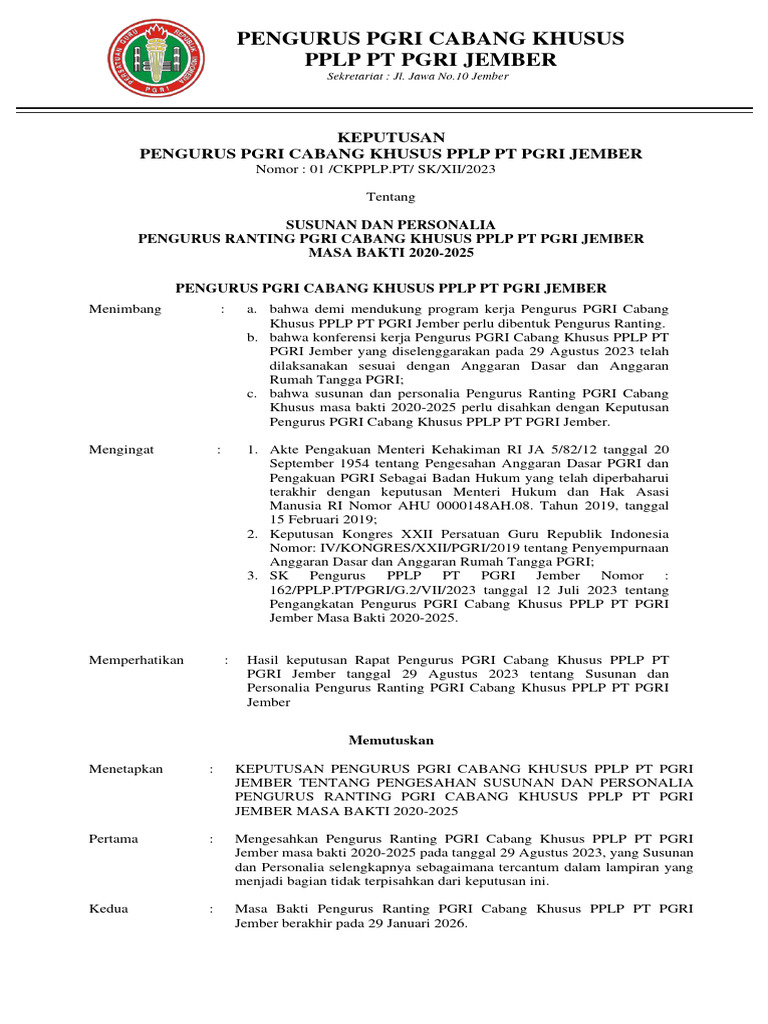 SK RANTING PGRI CABSUS PPLP PT PGRI JEMBER - Fix-1 | PDF