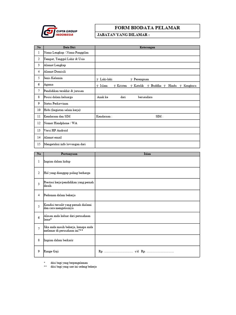 Form Biodata Pelamar | PDF