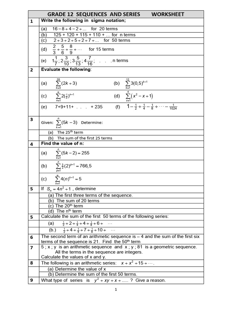 2019 GRADE 12 REVISION (SEQUENCES AND SERIES Worksheet) | PDF