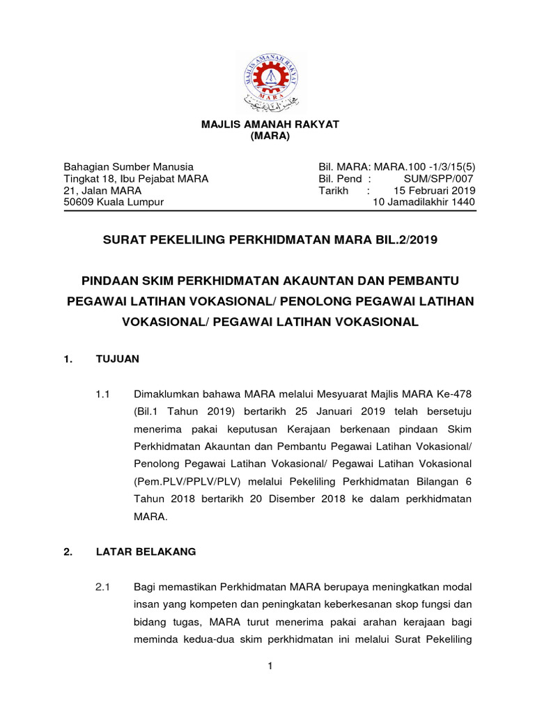 Surat Pekeliling Perkhidmatan MARA Bil. 2 - 2019 | PDF
