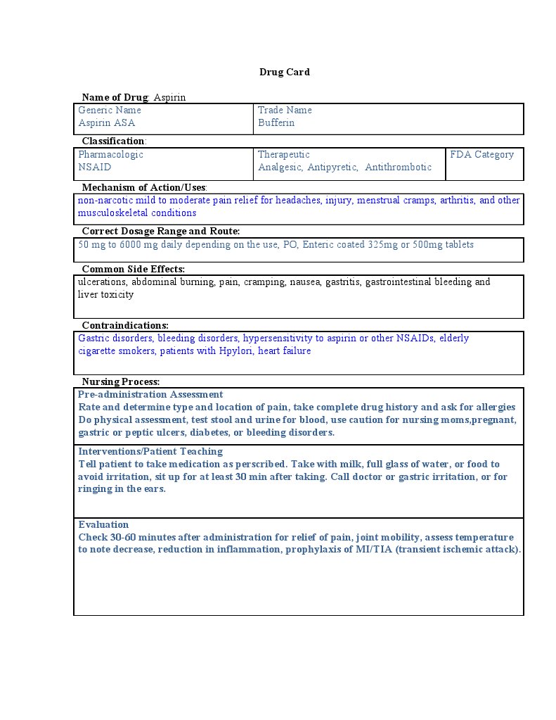 Aspirin Drug Card | PDF