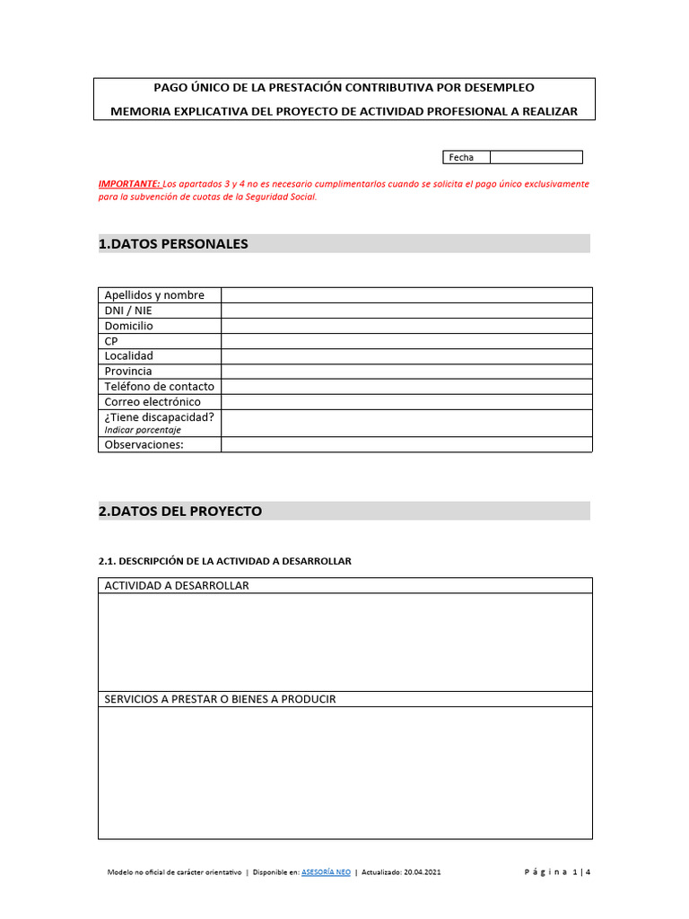Modelo Rellenable Memoria Pago Unico Desempleo | PDF | Economias