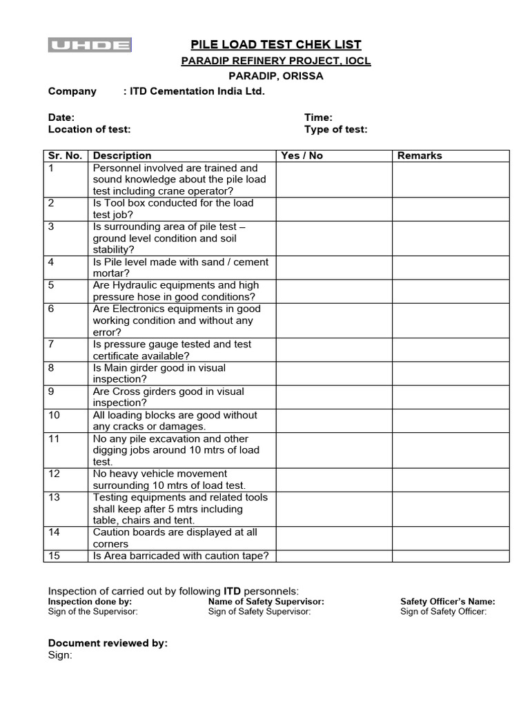 Pile Load Test Checklist for Paradip Project | PDF