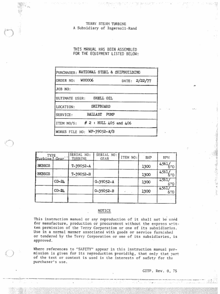 Terry Steam Turbine BKBSCS Ballast Pumps - 2 Hulls 405 - 406 | PDF