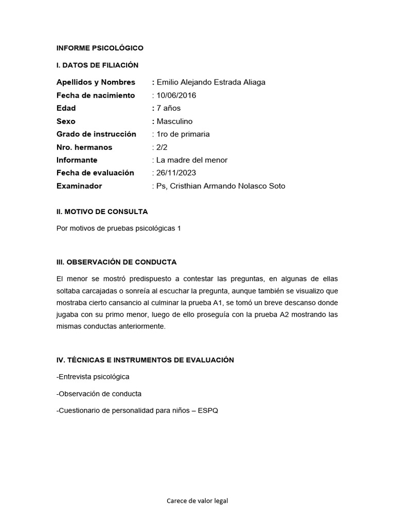 Informe Psicológico Espq | PDF | Las emociones | Aprendizaje