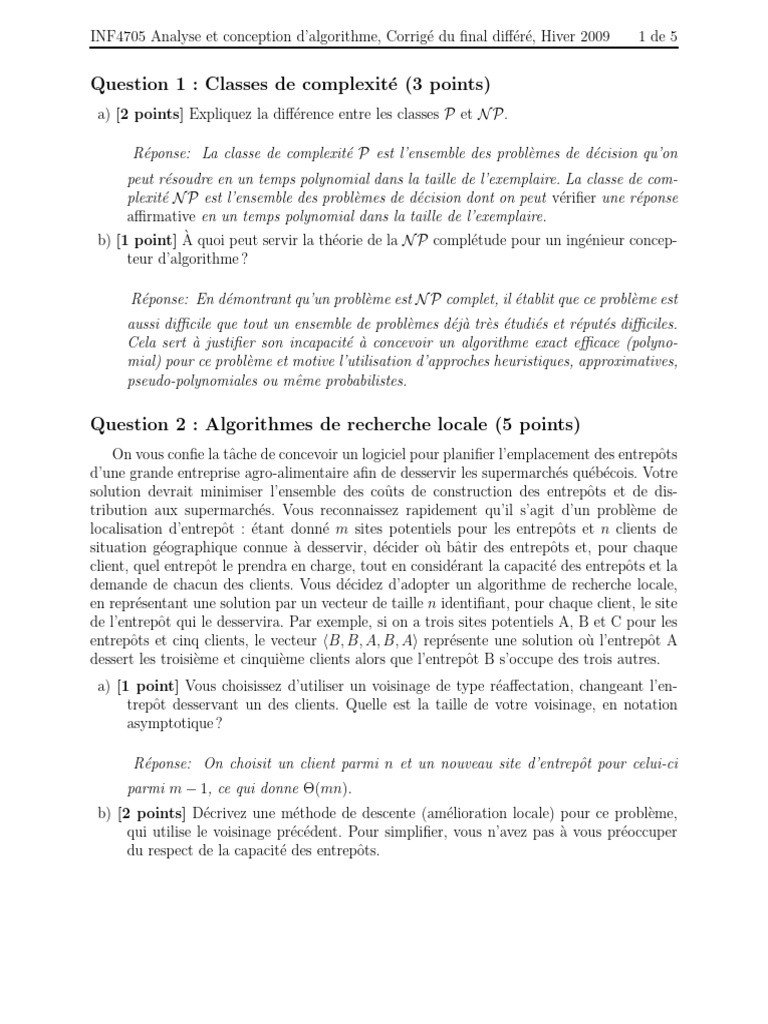 INF4705 Final1 H2009 QS | Download Free PDF | Théorie de la complexité (informatique théorique ...
