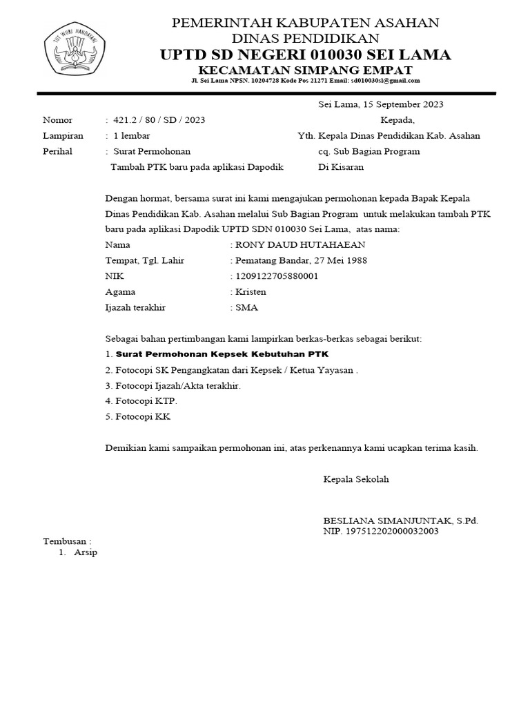 Surat Permohonan Tambah PTK | PDF