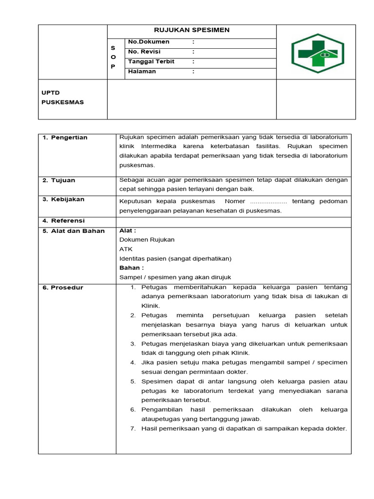 Sop Rujukan Spesimen | PDF