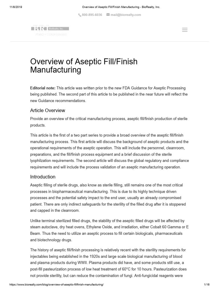 Overview of Aseptic Fill - Finish Manufacturing - BioRealty, Inc | PDF ...