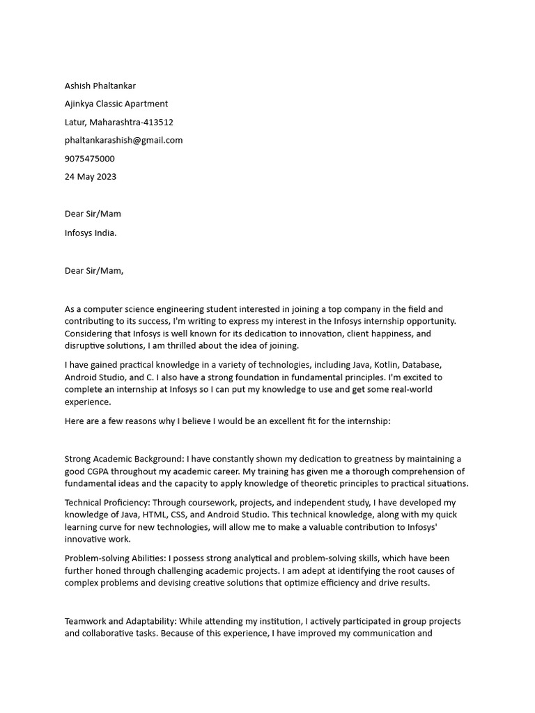 Infosys Internship Cover Letter | PDF | Knowledge | Learning