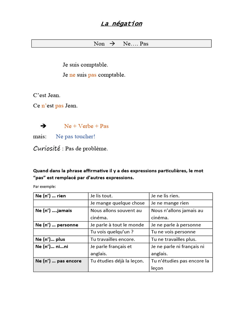 Négation complexe en français : exercices | PDF