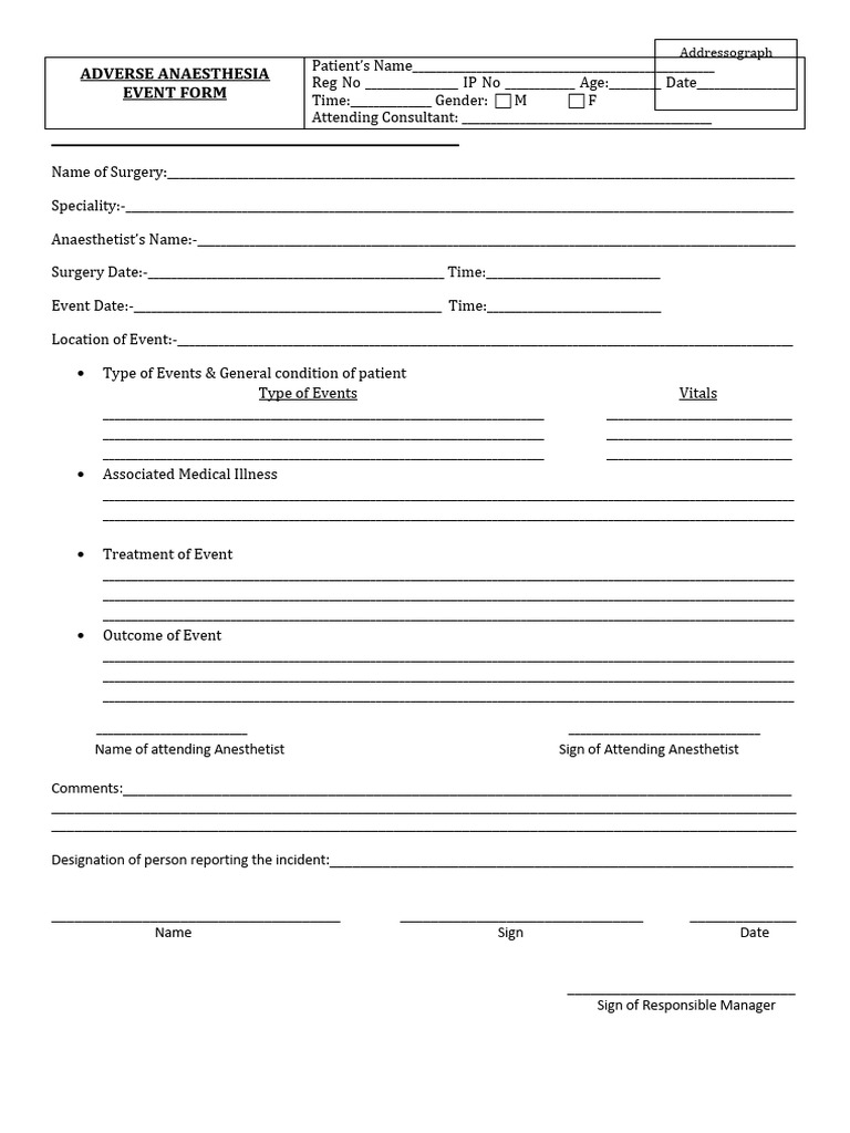 Adverse Anaesthesia Event Form | PDF | Health Care | Medicine