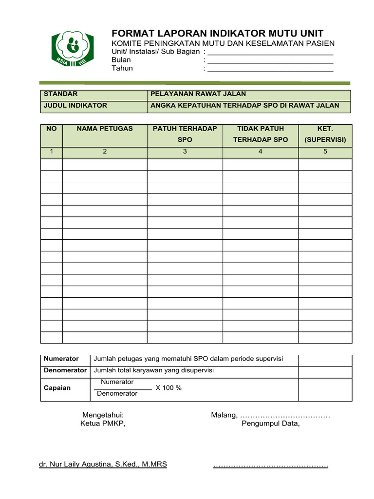 DRAFT RSHB Form Laporan Indikator Mutu Unit | PDF
