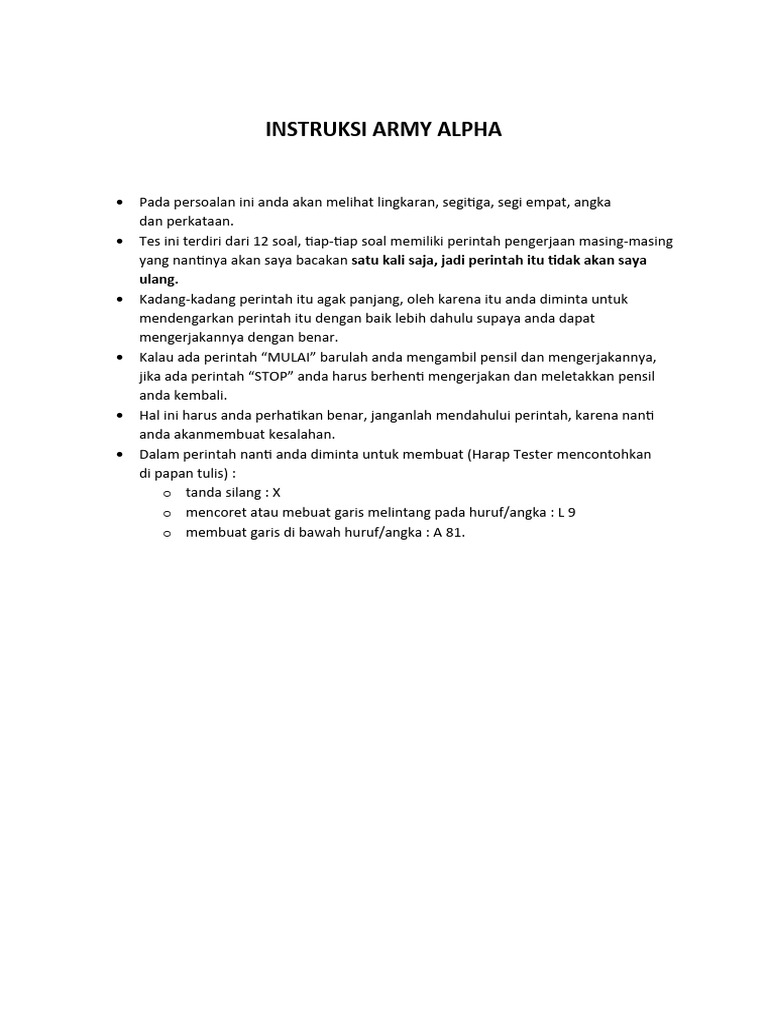Instruksi Tes Army Alpha | PDF | Griya & Taman