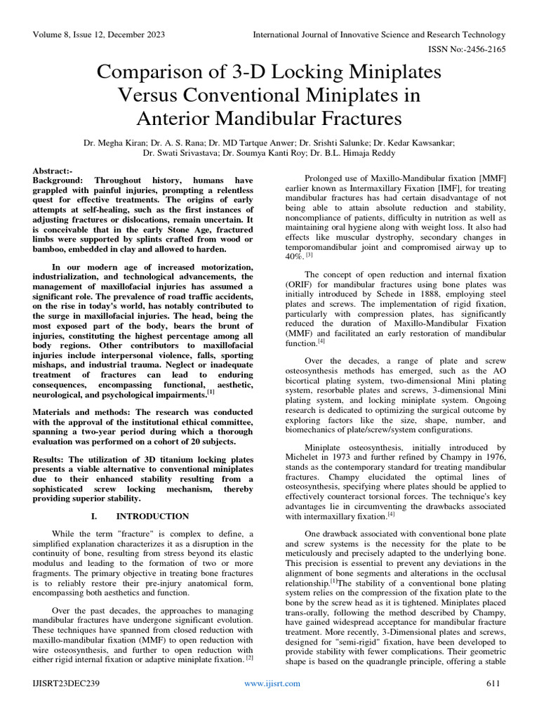 Comparison of 3-D Locking Miniplates Versus Conventional Miniplates in ...