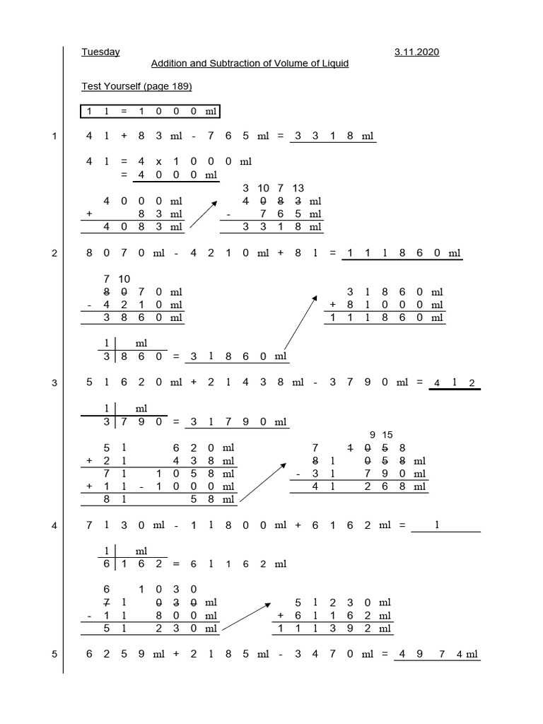 Liquid Volume Addition Worksheet | PDF | Cooking, Food & Wine