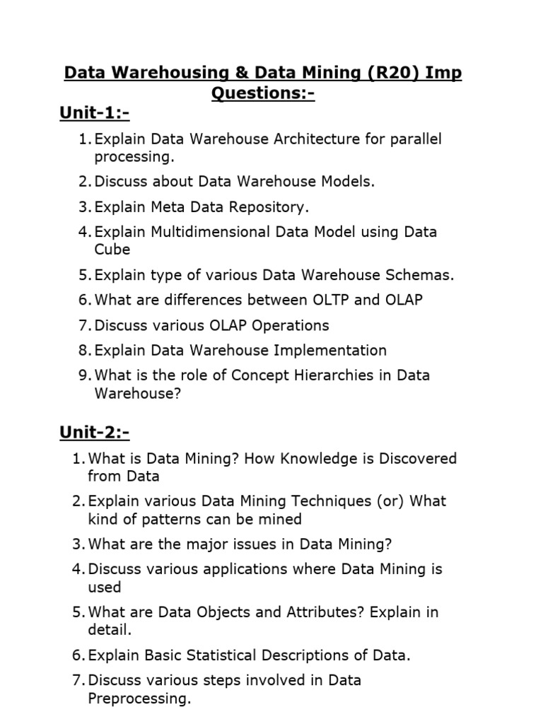 Data Warehousing & Data Mining (R20) Imp Questions:-Unit-1 | PDF | Cluster Analysis | Data Warehouse