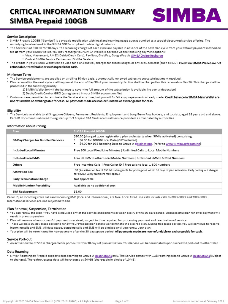CIS - SIMBA - Prepaid - 100GB - APR2023.c3dd9af6 | PDF