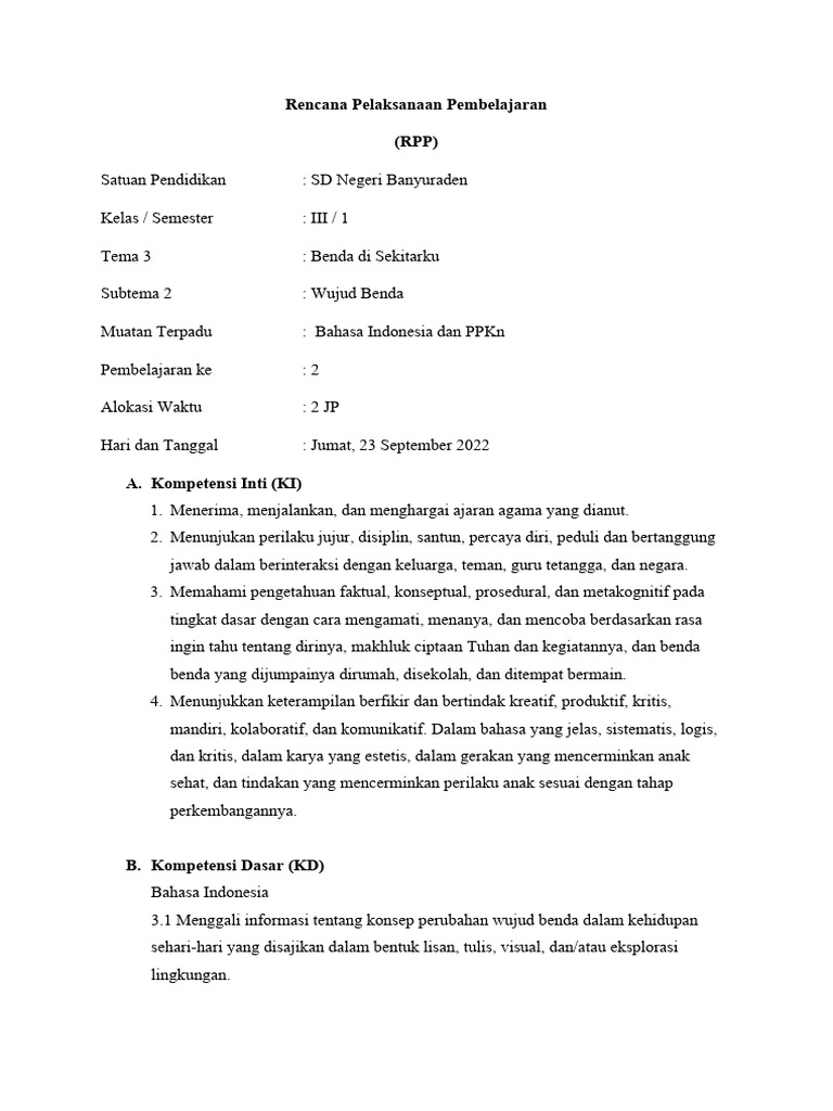 RPP Kelas 3 Tema 3 Subtema 2 PB 2 Ujian PLP | PDF | Karier & Perkembangan | Seni & Disiplin Bahasa