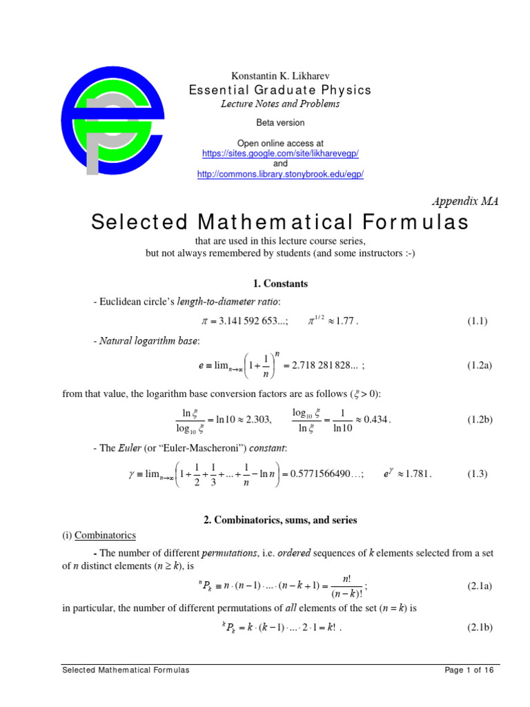 Selected Mathematical Formulas Pdf Euclidean Vector Mathematical