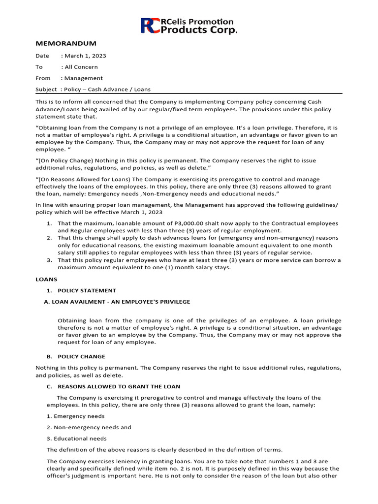Cash Advance Policy for Employees | PDF | Credit Card | Loans