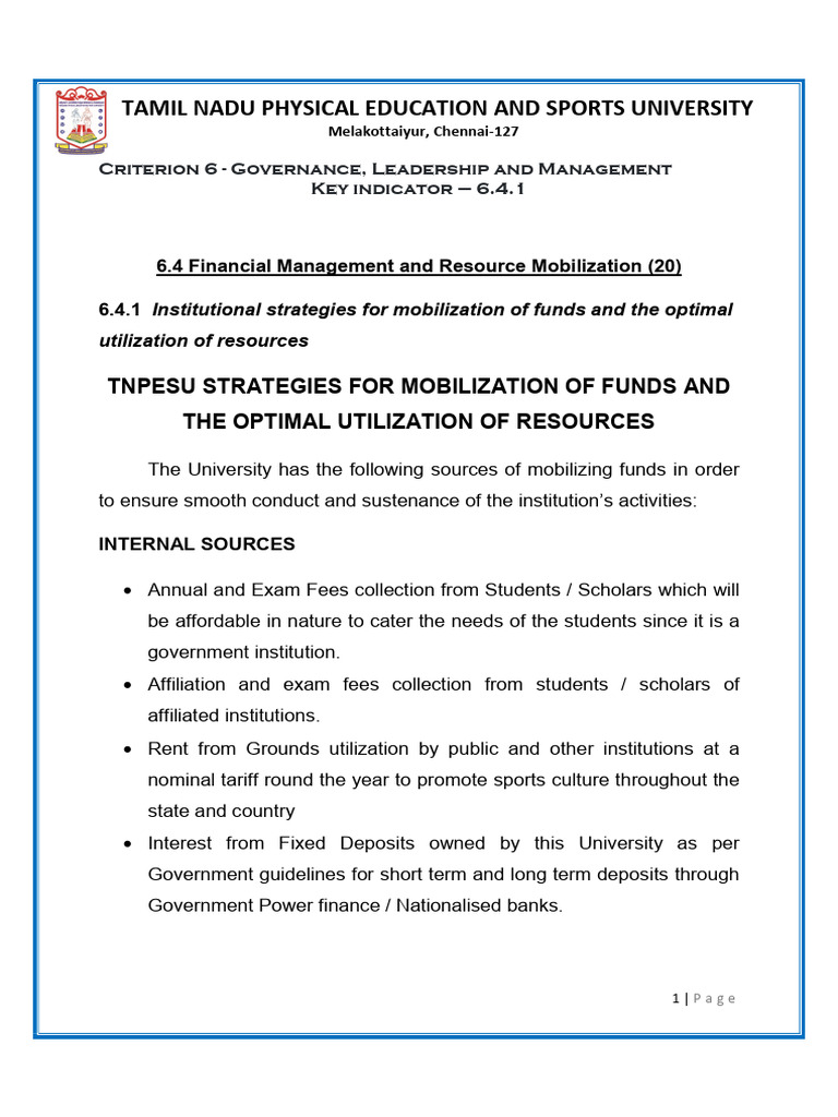 6.4.1 Institutional Strategies For Mobilization of Funds and The Optimal Utilization of ...