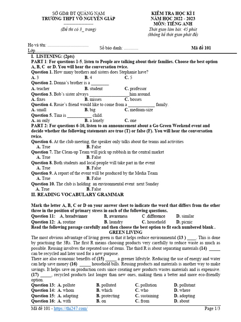De Cuoi Ki 1 Tieng Anh 10 Nam 2022 2023 Truong THPT Vo Nguyen Giap ...
