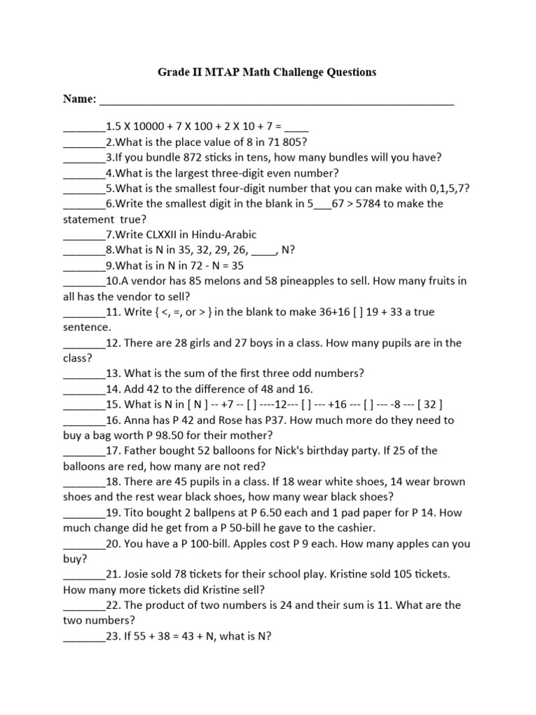 Grade II MTAP Math Challenge Questions | PDF