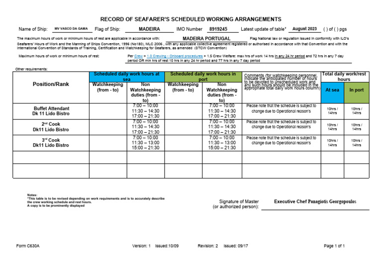 08 Lido Galley Record of Seafarer's Scheduled Working Arrangements | PDF