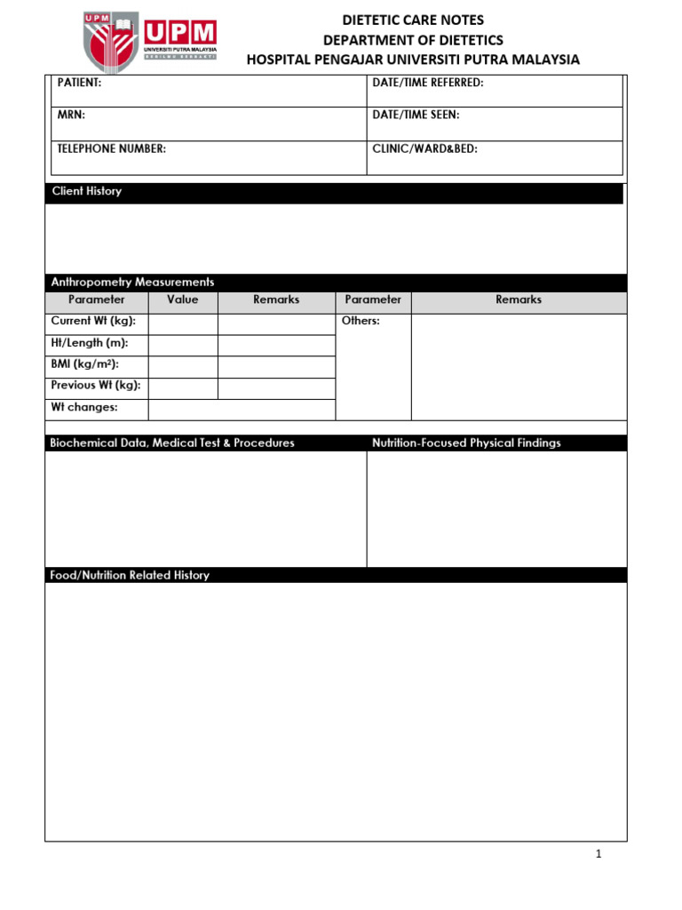 Nutrition Care Process (NCP) - Dietetic Care Note - New Case HPUPM | PDF